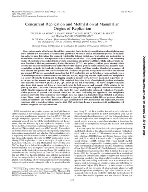 Pdf Concurrent Replication And Methylation At Mammalian Origins Of Replication