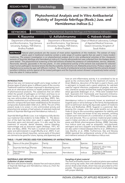 Pdf Phytochemical Analysis And In Vitro Antibacterial Activity Of Soymida Febrifuga Roxb