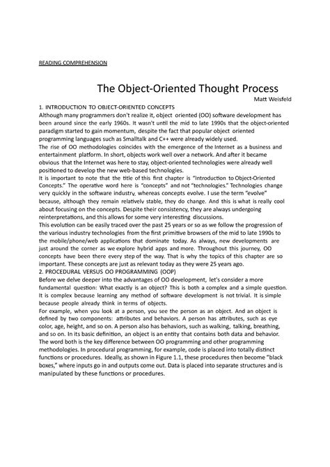 Oop Reading Comprehension 1 Reading Comprehension The Object