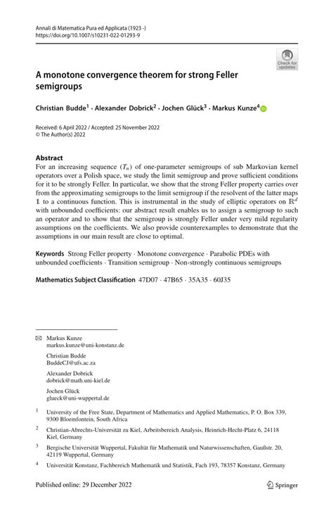 Pdf A Monotone Convergence Theorem For Strong Feller Semigroups