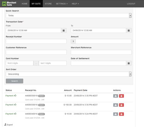 Search Payments Transactions Products MerchantSuite