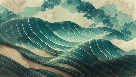 Premium Photo Blue And Green Brush Stroke Texture With Japanese Ocean Wave Pattern In Vintage