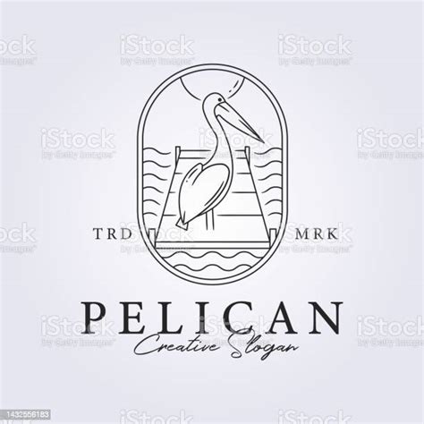 라인 아트 로고 벡터 일러스트 레이 션 디자인 배지 휘장 로고의 해변 다리에 서있는 펠리컨 갈라파고스브라운펠리컨에 대한 스톡