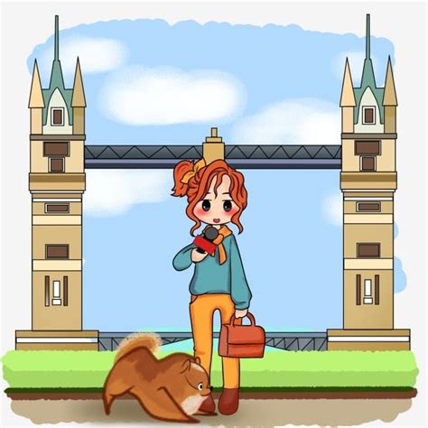 리포터 손으로 그려진 그림 일러스트 노란색 강아지 아름다운 아가씨 건물 검은 마이크 검은 다리 기자 손으로 그린 그림 Png 일러스트 및 Psd 이미지 무료 다운로드