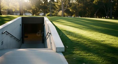 Entrance To Underground Bunker Or Facility In A Grassy Park At Sunset