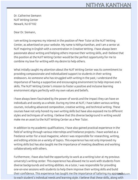 Cover Letter For Peer Tutor At Writing Center Lazyapply