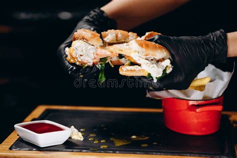 Juicy Burger With Poached Egg Salmon Steak And Cheddar Cheese The