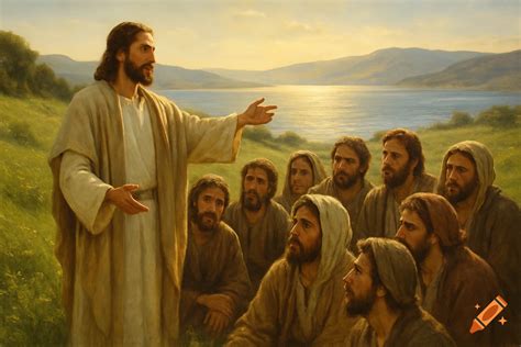 Jesus Speaks To His Disciples On The Shore Of A Lake At Sunset