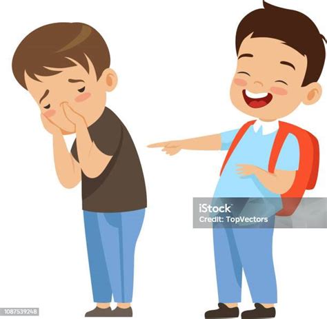 동급 생 웃으면서 슬픈 소년 나쁜 행동 아이 조롱과 학교에서 왕 따 사이 충돌에서 가리키는 흰색 배경에 그림을 벡터 공격성에 대한 스톡 벡터 아트 및 기타 이미지 Istock