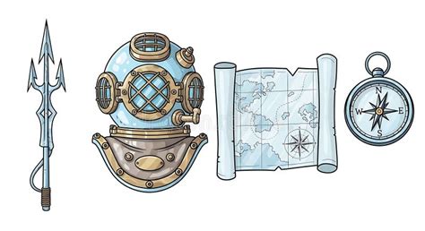 Antique Diving Exploration Set With Map Compass Trident And Helmet