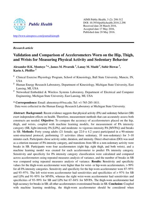 Pdf Validation And Comparison Of Accelerometers Worn On The Hip Thigh And Wrists For