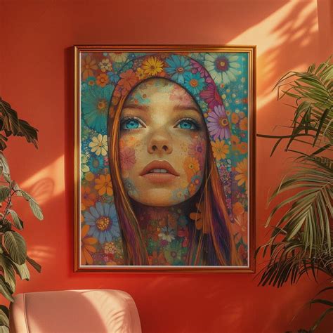 Hippie Girl Surreal Art Print Floral 70s Wall Art Hippie 60s Decor