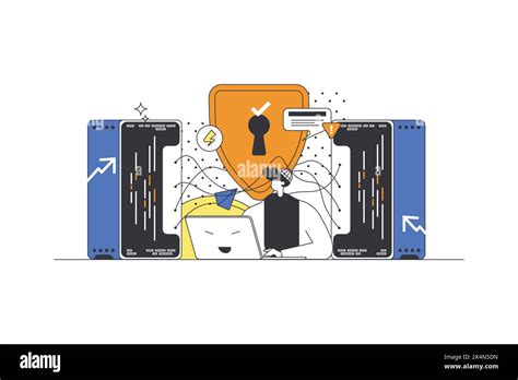 Network Security Web Concept In Flat Outline Design With Characters Man Using Secure Login To