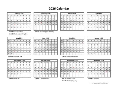 Yearly Calendar 2026 Printable With Federal Holidays Free Calendar