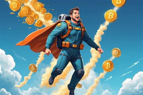 Bitcoin Skyrocketing Man With Jetpack Flying Upwards With Bitcoins In The Sky Crypto Currency
