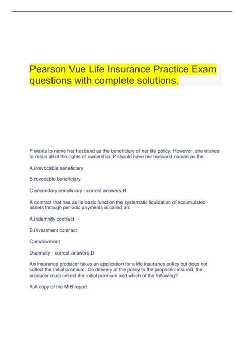 Pearson Vue Life Insurance Practice Exam Questions With Complete Solutions Pearson Vue Life