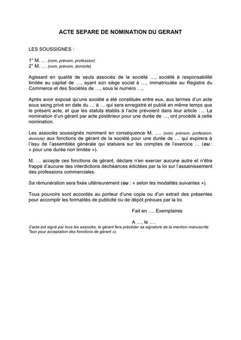 Acte Separe De Nomination Du Gerant DOC PDF Page 1 Sur 1