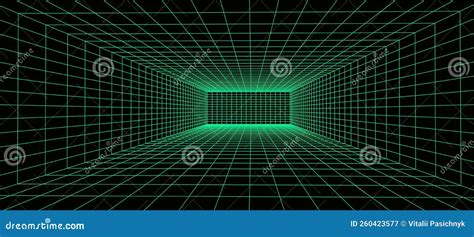 3d Wireframe Green Room Abstract Perspective Grid Retro Futuristic Concept Vector