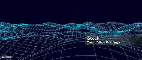 디지털 물결 모양의 와이어프레임 풍경 미래 지향적 인 선형 물결 치는 지형 계곡이있는 산의 디지털 사이버 공간 벡터 일러스트레이션 테크놀로지에 대한 스톡 벡터 아트 및 기타