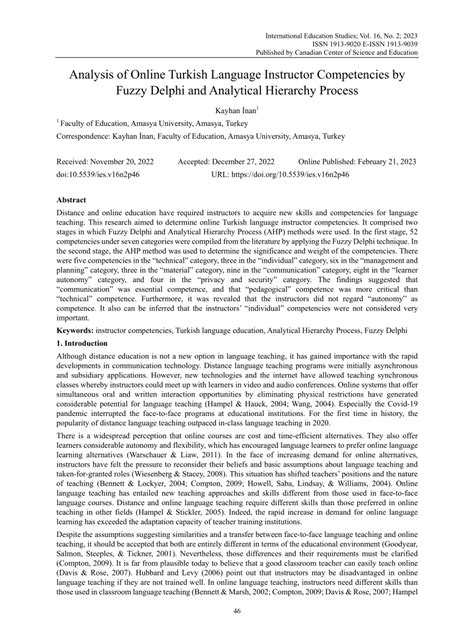 Pdf Analysis Of Online Turkish Language Instructor Competencies By