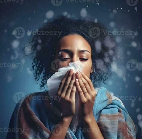 Close Up Of Woman Blowing Nose On Blue Background High Quality Ai Generative 30789377 Stock