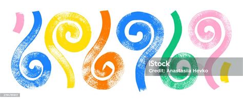 다채롭고 대담한 브러시가 그려진 나선과 구불구불한 곡선 모음입니다 곱슬 선 두껍고 거친 서예가 소용돌이칩니다 기하학적 모양 모음 다양한 굵은 낙서 선 구불구불한 선 벡터