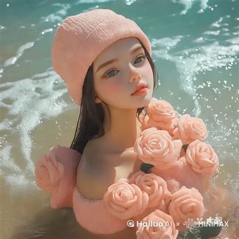 女孩被海中粉玫瑰环绕微笑治愈场景视频 Ai视频生成 海螺 Ai