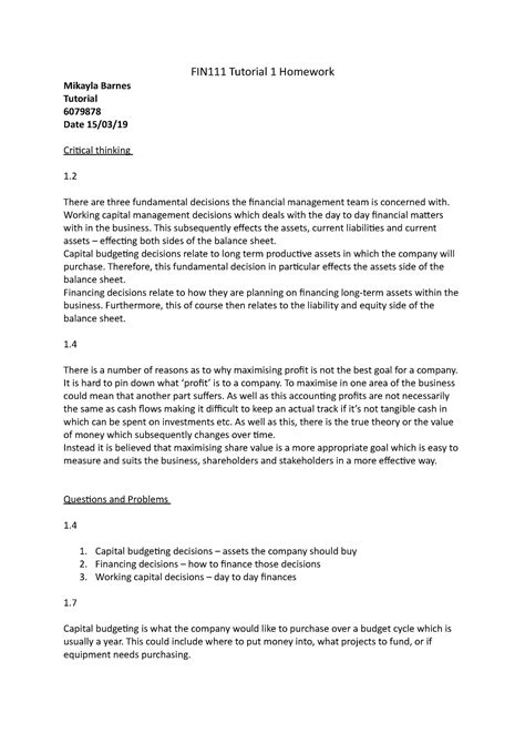 Fin111 Tutorial 1 Homework Fin111 Tutorial 1 Homework Mikayla Barnes Tutorial 6079878 Date 15