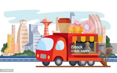 길거리 음식 커피 도넛 패스트 푸드를 판매하는 트럭은 대도시의 배경에 서 벡터 일러스트 레이션 건강에 좋지 않은 음식에 대한