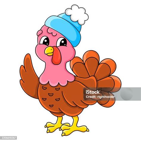 파란 겨울 모자를 쓴 터키가 연말연시 동안 축제 분위기의 만화 스타일로 경쾌하게 손을 흔듭니다 가금류에 대한 스톡 벡터 아트 및 기타 이미지 Istock