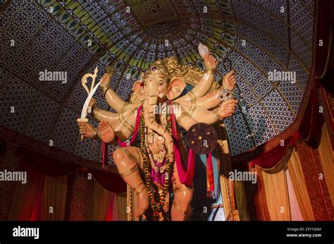 Big idol of Ganesh in a Pandal in Bara Gali on Ganpati Utsav Mumbai India Asia Stock Photo - Alamy