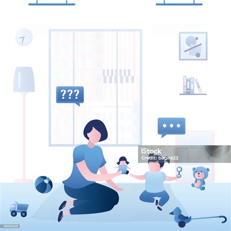 어머니는 딸과 놀아요 아이들과 시간 보내기 작은 아이가 장난감에서 걷고 노는 법을 배우고 있습니다 가구가 있는 거실 인테리어 모성과 육아 귀여운 캐릭터 가구에 대한 스톡