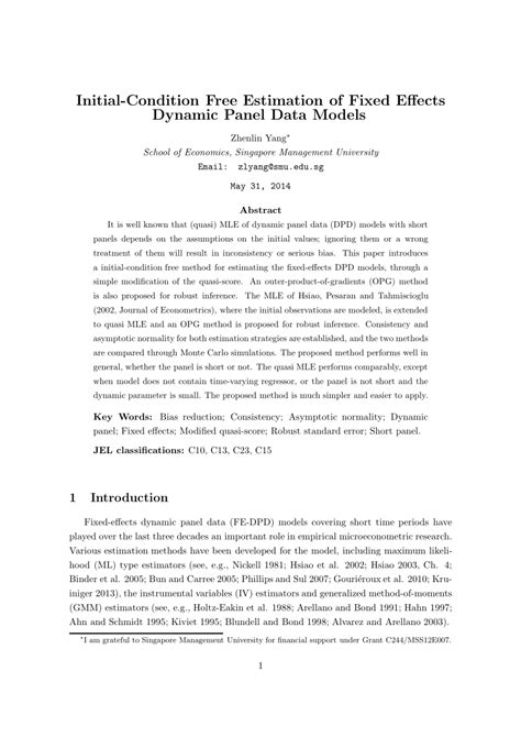 Pdf Initial Condition Free Estimation Of Fixed Effects Dynamic Panel
