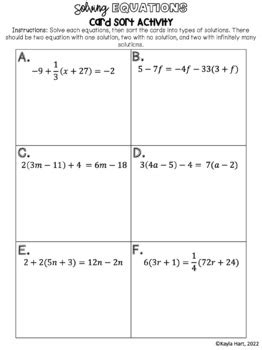 Solving Equations Interactive Activity Card Sort Activity By We HART Algebra