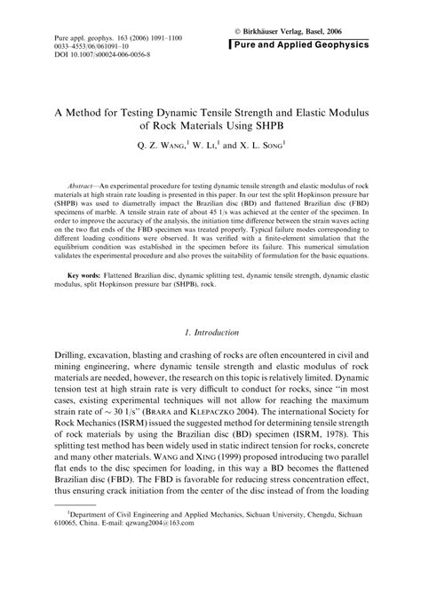 Pdf A Method For Testing Dynamic Tensile Strength And Elastic Modulus Of Rock Materials Using Shpb