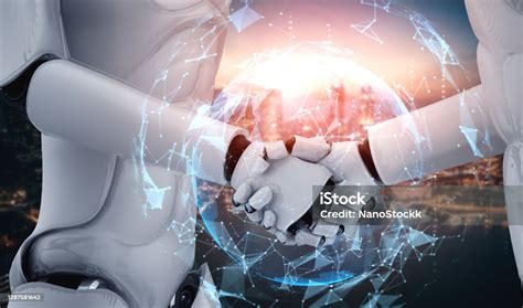 3d 렌더링 휴머노이드 로봇 악수 미래 기술과 협력 로봇 프로세스 자동화에 대한 스톡 사진 및 기타 이미지 로봇 프로세스 자동화 2명 개념 Istock