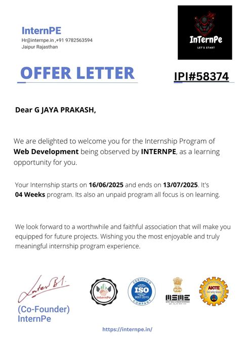 🎉 Excited to start my Web Development Internship with InternPE | Jaya Prakash Ganta