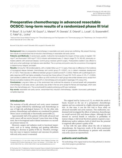 Pdf Preoperative Chemotherapy In Advanced Resectable Ocscc Long Term Results Of A Randomized