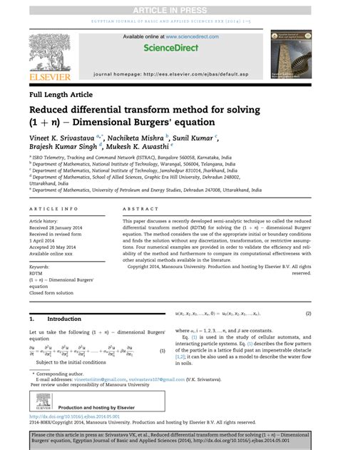Pdf Reduced Differential Transform Method For Solving 1 N