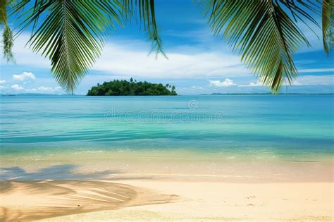 Tropical Island Beach Scene With Palm Trees Swaying In The Breeze