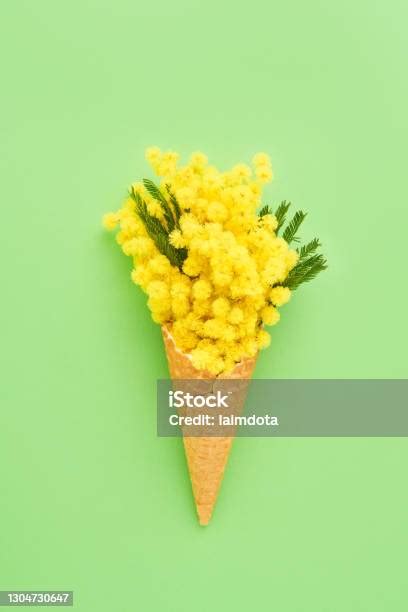 녹색 배경에 미모사 꽃과 와플 아이스크림 콘 봄 컨셉 복사 공간 상단 보기 아이스크림에 대한 스톡 사진 및 기타 이미지 아이스크림 미모사 아카시아 나무 Istock