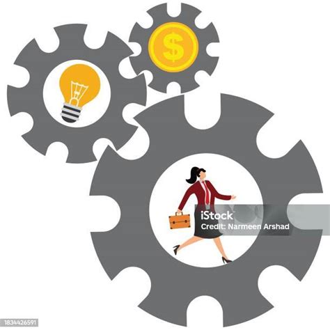 비즈니스 기어 휠 비즈니스 우먼 업적 포부 비즈니스 비즈니스 금융 및 산업 개념에 대한 스톡 벡터 아트 및 기타 이미지 개념 개발 개선 Istock