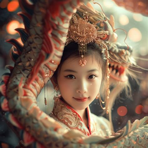 A Girl In A Chinese Outfit With A Dragon On Her Head Ai Generated