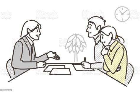 여성 사업가가 젊은 부부에게 무언가를 설명하고 안내하고 소개한다벡터 그림 3 명에 대한 스톡 벡터 아트 및 기타 이미지 3 명 계약서 기혼 Istock