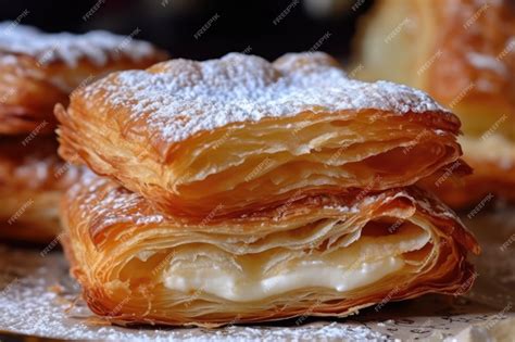Premium Ai Image A Stack Of Puff Pastry With Cream Filling On Top