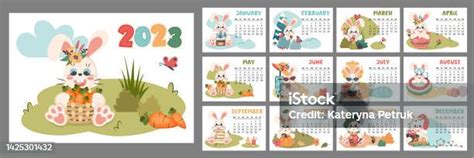 매월 달력 2023 다른 계절에 귀여운 토끼와 수평 플래너 새해의 상징으로 만화 캐릭터 토끼 주가 월요일에 시작됩니다 벡터 플랫 일러스트 레이 션 0명에 대한 스톡 벡터