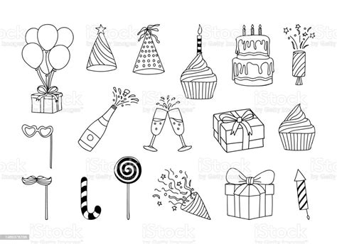 파티 낙서 아이콘 컬렉션입니다 생일 및 파티 축 하 아이콘의 손으로 그린 그림 세트입니다 그리기에 대한 스톡 벡터 아트 및 기타 이미지 Istock