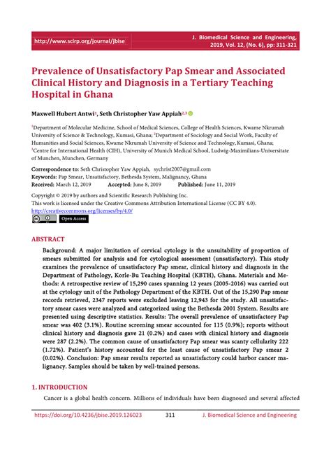 Pdf Prevalence Of Unsatisfactory Pap Smear And Associated Clinical