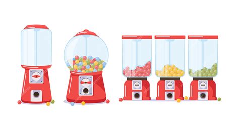사탕 전체 및 빈 투명 디스펜서가 있는 검볼 기계 세트 흰색 배경에 격리된 주변에 색 풍선 껌 및 과자가 있는 자동 판매기 만화 벡터 일러스트 아이콘 프리미엄 벡터