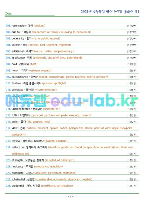 2023년 수능특강 영어 1~7강 동의어 193단어 정리 및 테스트입니다 1675947508 내신 기출문제 연구소 에듀랩